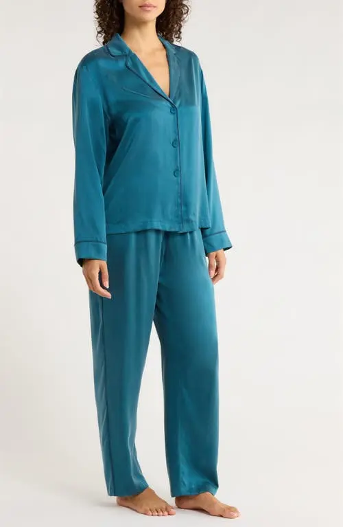 Lunya Piped Washable Silk Pajamas - Piquant Teal/lazing Navy