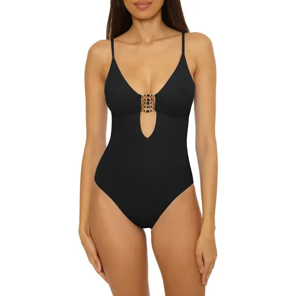 BECCA® By Rebecca Virtue Modern Edge Beaded Cutout Rib One-piece Swimsuit - Black
