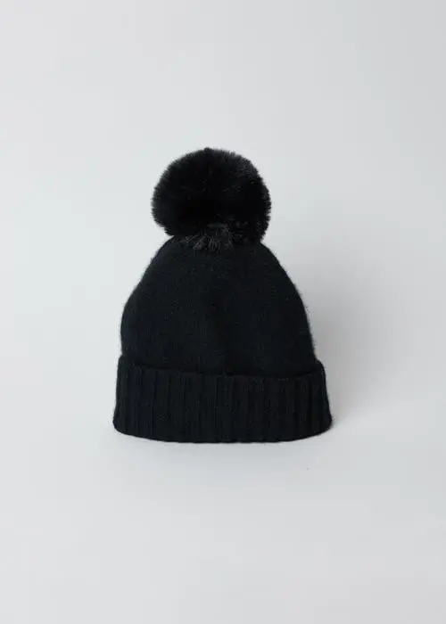 Hat Attack Cashmere Beanie With Faux Fur Pom - Black