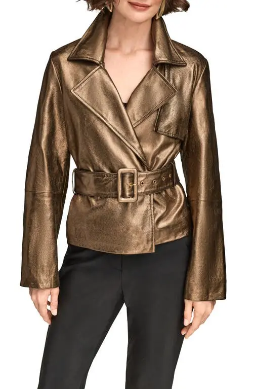 Donna Karan New York Metallic Leather Belted Moto Jacket