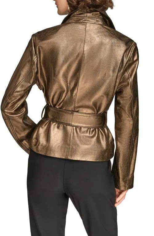 Donna Karan New York Metallic Leather Belted Moto Jacket