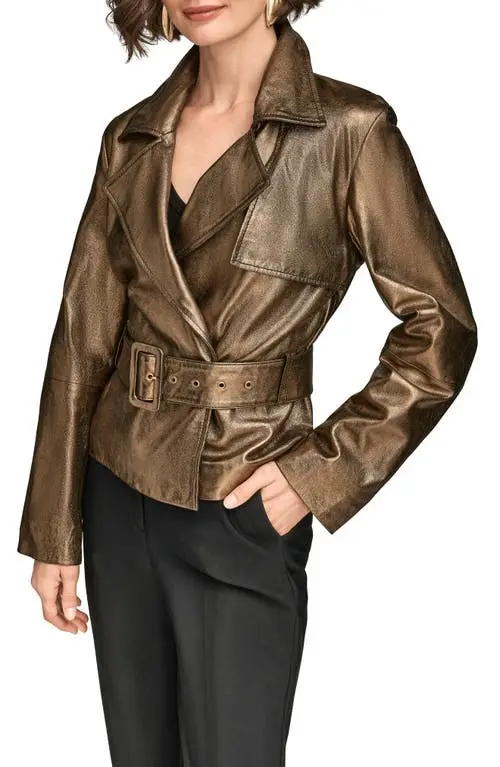 Donna Karan New York Metallic Leather Belted Moto Jacket
