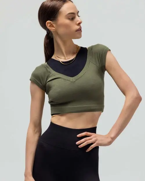 REFORMER Ribbed Cap Sleeve Cropped Top - Olive