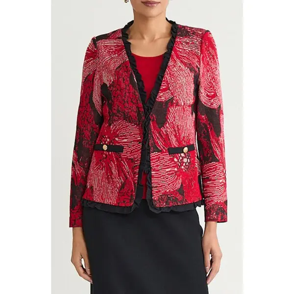 Ming Wang Floral Jacquard Ruffle Trim Jacket