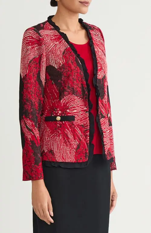Ming Wang Floral Jacquard Ruffle Trim Jacket
