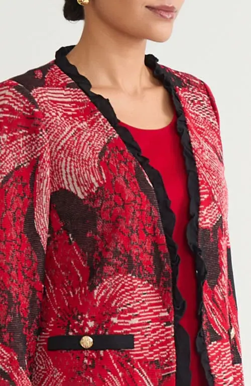 Ming Wang Floral Jacquard Ruffle Trim Jacket