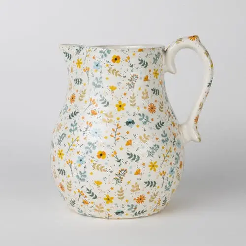 TEN THOUSAND VILLAGES Tula Floral Ceramic Pitcher - Beige