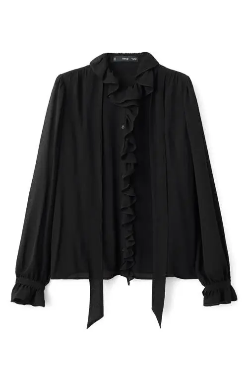 Mango Ruffle Front Button Down Shirt - Black
