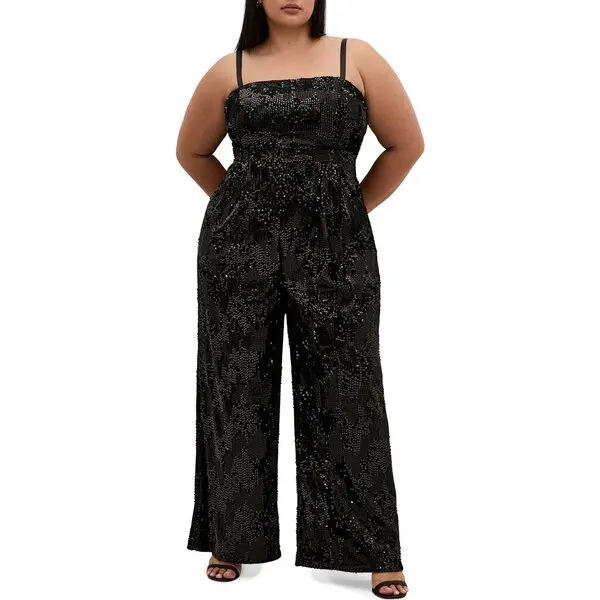 City Chic Sequin Sleeveless Wide Leg Jumpsuit - Black