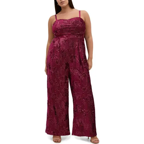 City Chic Sequin Sleeveless Wide Leg Jumpsuit - Ruby