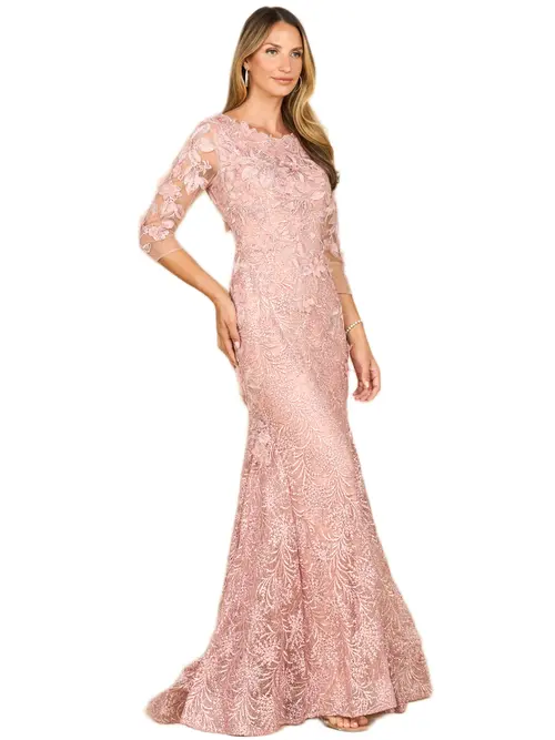 LARA NEW YORK Lace Mermaid Gown With Rhinestone Embellishments - Blush