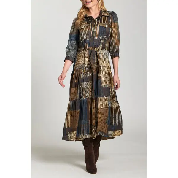 APNY Mixed Print Tiered Shirtdress - Brown Multi