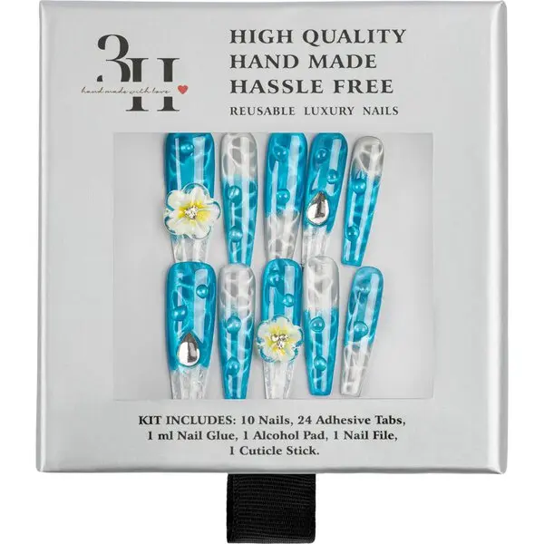3H NAILS Paradise Flower Luxury Handmade Press On Nails - Cyan