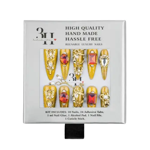 3H NAILS Crown Jewels Luxury Handmade Press On Nails - Gold/ Stiletto/ Long Nails