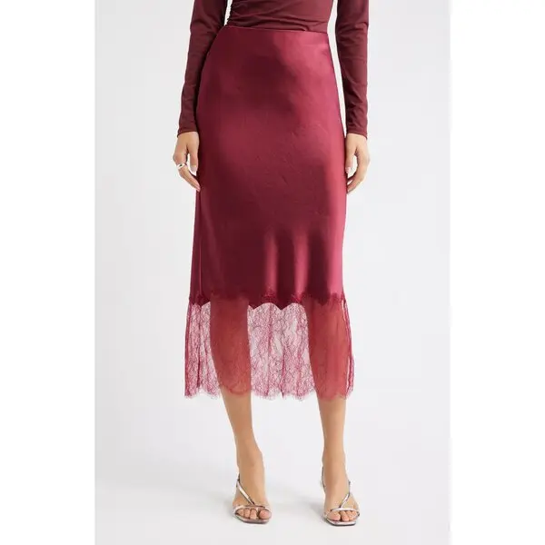 OPEN EDIT Satin Midi Skirt With Lace Trim - Burgundy Beet