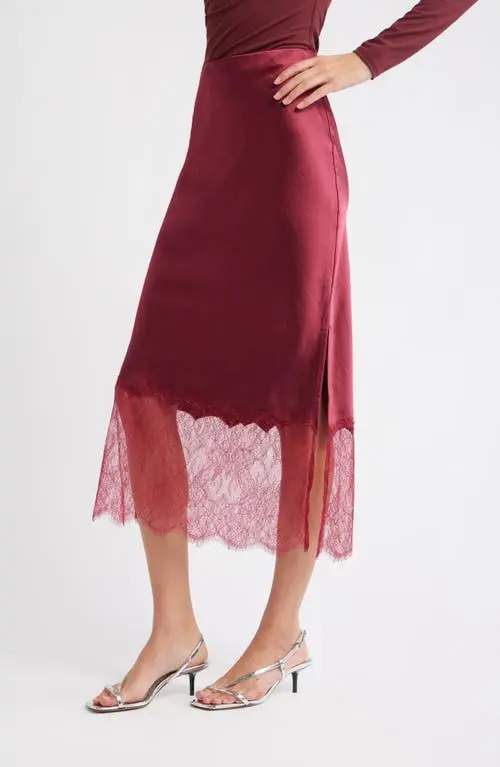 OPEN EDIT Satin Midi Skirt With Lace Trim - Burgundy Beet