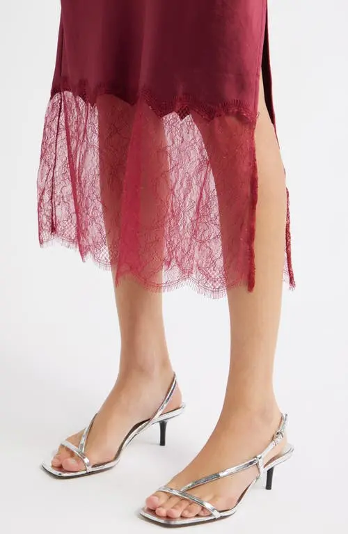 OPEN EDIT Satin Midi Skirt With Lace Trim - Burgundy Beet