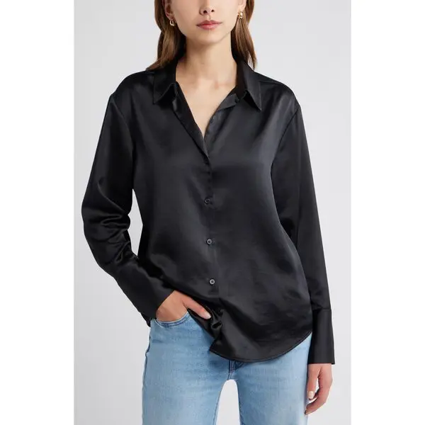OPEN EDIT Relaxed Fit Satin Button-up Shirt - Black