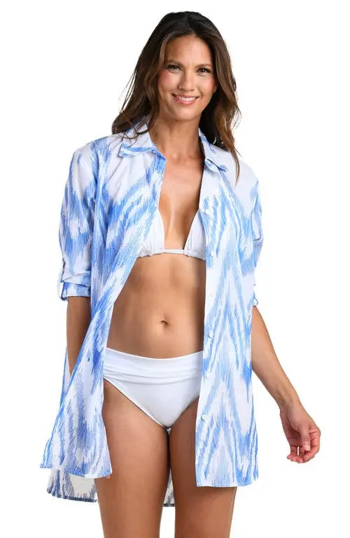La Blanca Tidal Wave Button-up Cotton Cover-up Shirt