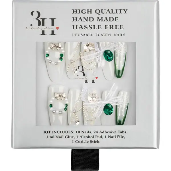 3H NAILS Emerald Noir Luxury Handmade Press On Nails - White/green