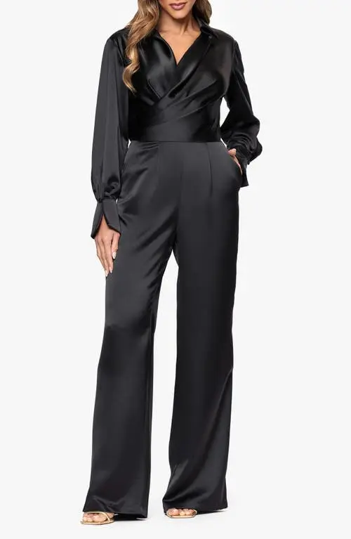 XSCAPE EVENINGS Long Sleeve Wide Leg Satin Jumpsuit - Black