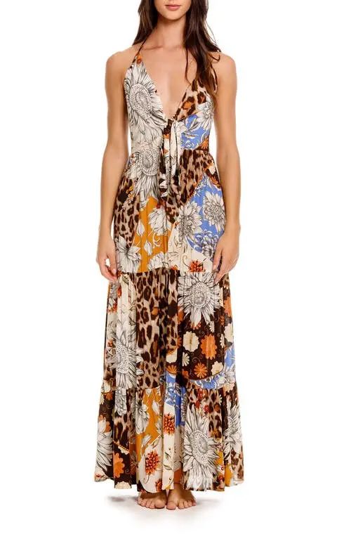 Agua Bendita Gabrielle Quilt Tie Front Halter Maxi Dress - Brown