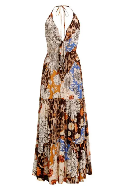 Agua Bendita Gabrielle Quilt Tie Front Halter Maxi Dress