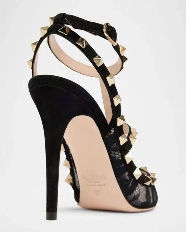 Valentino Garavani 100mm Rockstud Lace Ankle-strap Pumps - Black