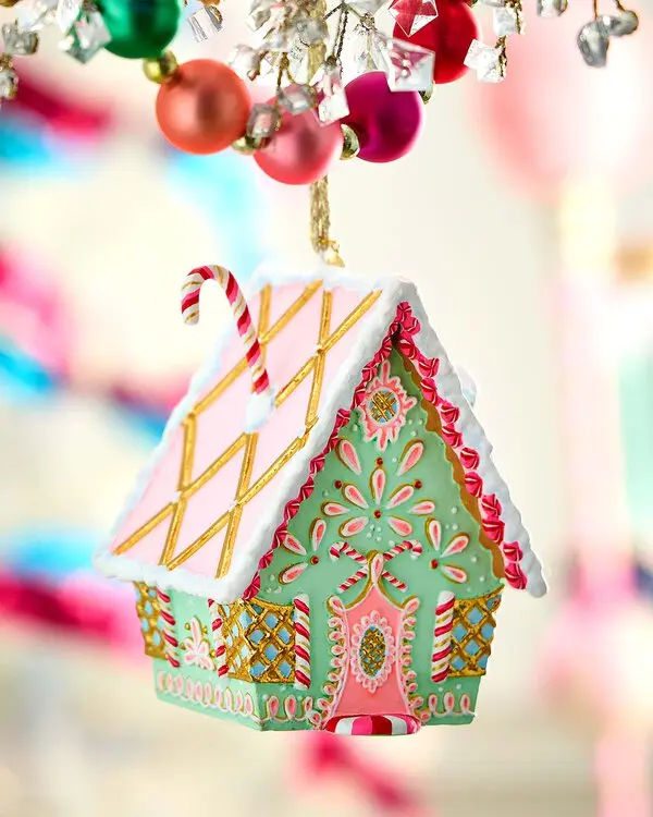 GLITTERVILLE Rainbow Gingerbread Cottage Christmas Ornament, Green - One-color