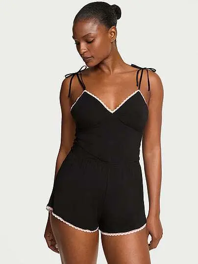 Victoria's Secret Modal Lace-trim Bow Short Romper - Black