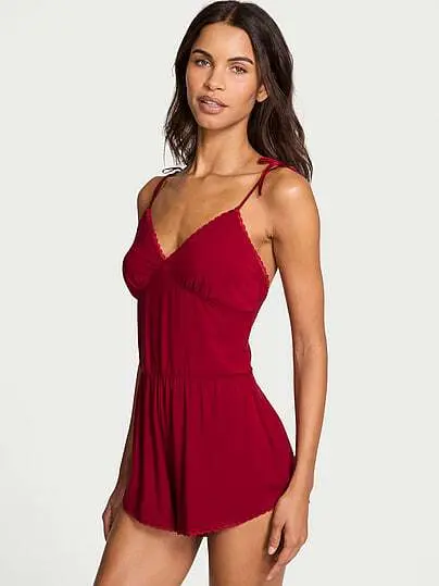 Victoria's Secret Modal Lace-trim Bow Short Romper - Red