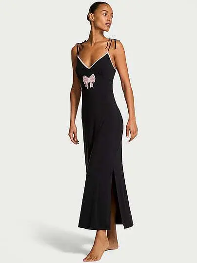 Victoria's Secret Modal Lace-trim Bow Maxi Slip Dress - Black