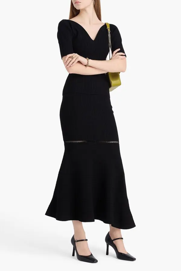 Victoria Beckham Flared Ribbed-knit Midi Skirt