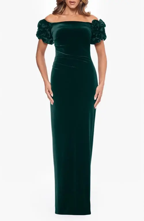 XSCAPE EVENINGS Ruched Off-the-shoulder Gown