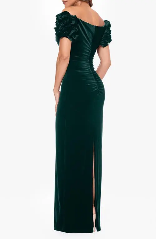 XSCAPE EVENINGS Ruched Off-the-shoulder Gown