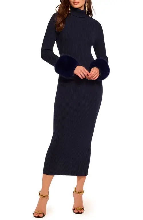 Ramy Brook Linda Faux Fur Trim Open Back Ribbed Dress