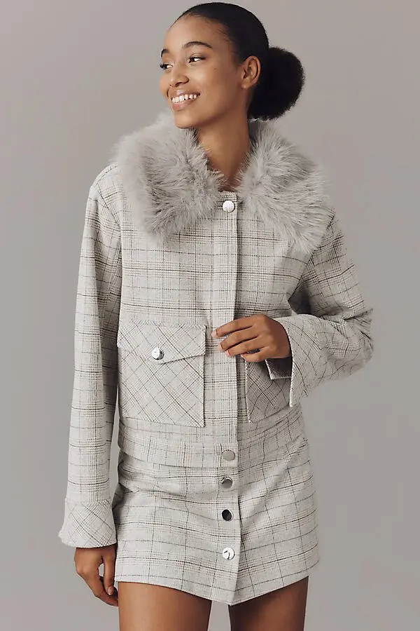Maeve Faux Fur Collar Plaid Jacket