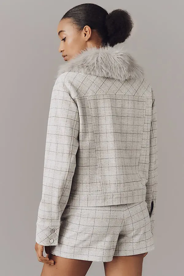 Maeve Faux Fur Collar Plaid Jacket