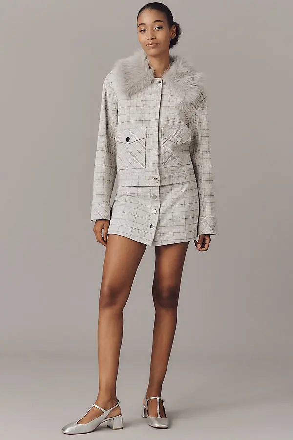 Maeve Faux Fur Collar Plaid Jacket