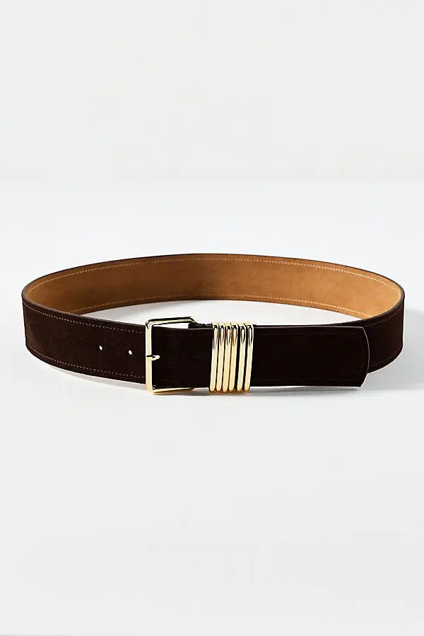 Anthropologie Square Buckle Multi Keeper Belt - Brown Suede/gold
