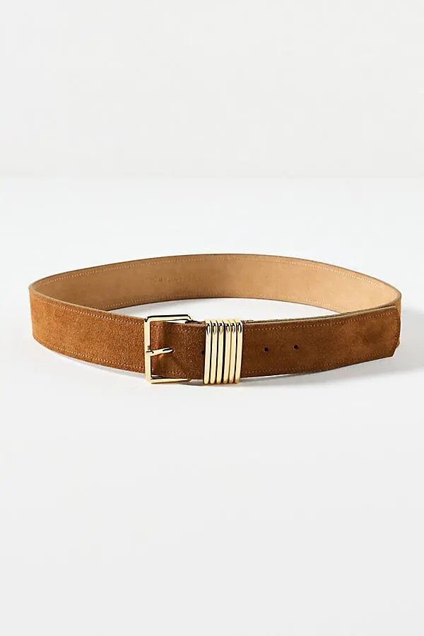 Anthropologie Square Buckle Multi Keeper Belt - Tan Suede/gold