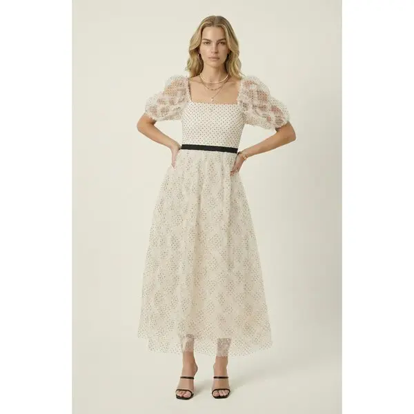 MODENAIRE Embroidered Puff Sleeve Midi Dress - Ivory