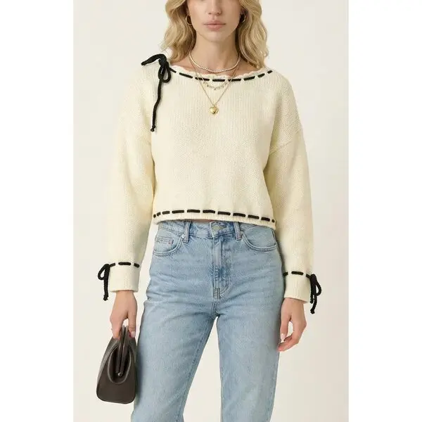 MODENAIRE Contrast Tie Scalloped Boat Neck Knit Sweater - Ivory