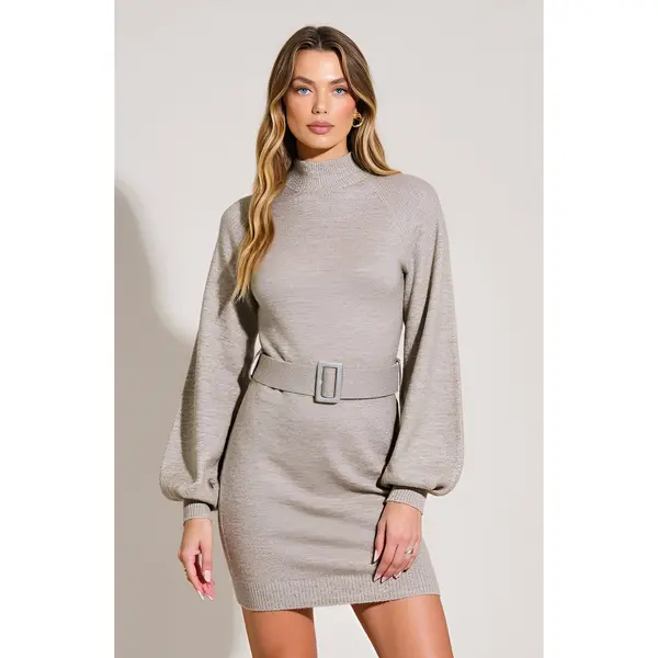 MODENAIRE Belted Mock Neck Sweater Dress - Beige
