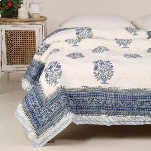 MELA ARTISANS Blockprinted Reversible Quilt - Blue Mist