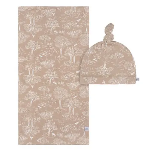 JUST BORN Swaddle Blanket & Hat Set - Tan Forest