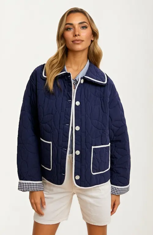 KNIT & LOUNGE Quilted Button-up Jacket With Contrast Trim - Navy Blue