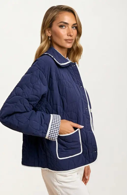 KNIT & LOUNGE Quilted Button-up Jacket With Contrast Trim