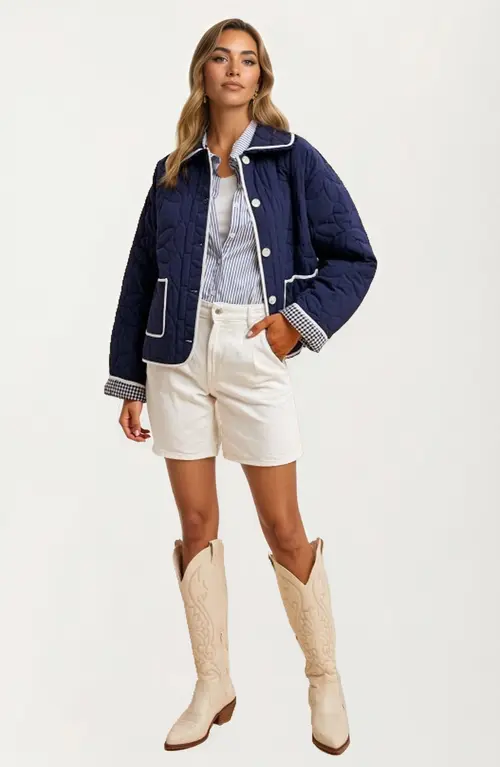 KNIT & LOUNGE Quilted Button-up Jacket With Contrast Trim