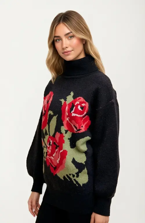 KNIT & LOUNGE Floral Turtleneck Sweater